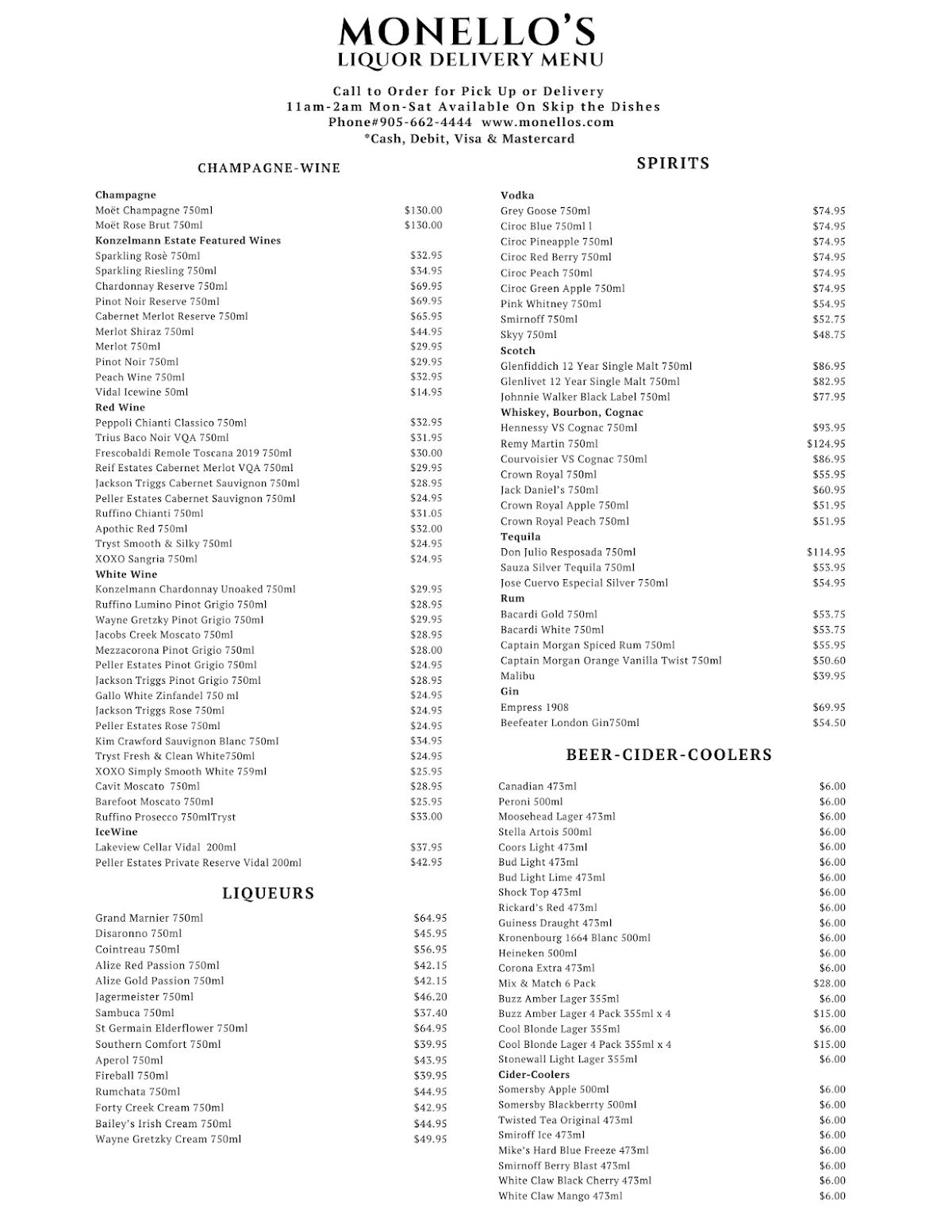 Menu at Monello’s restaurant, Hamilton