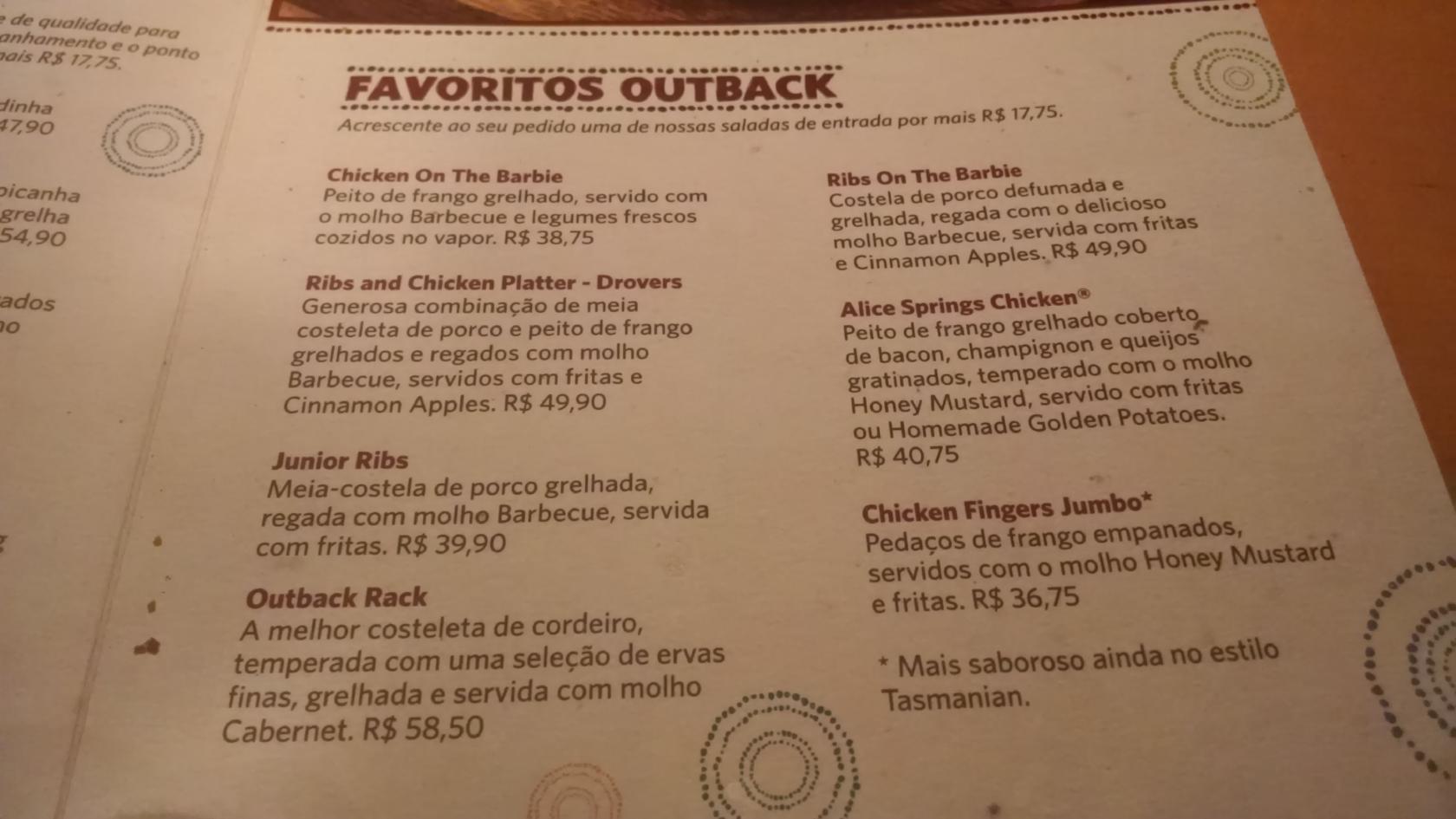 Menu em Outback Steakhouse, Campo Grande