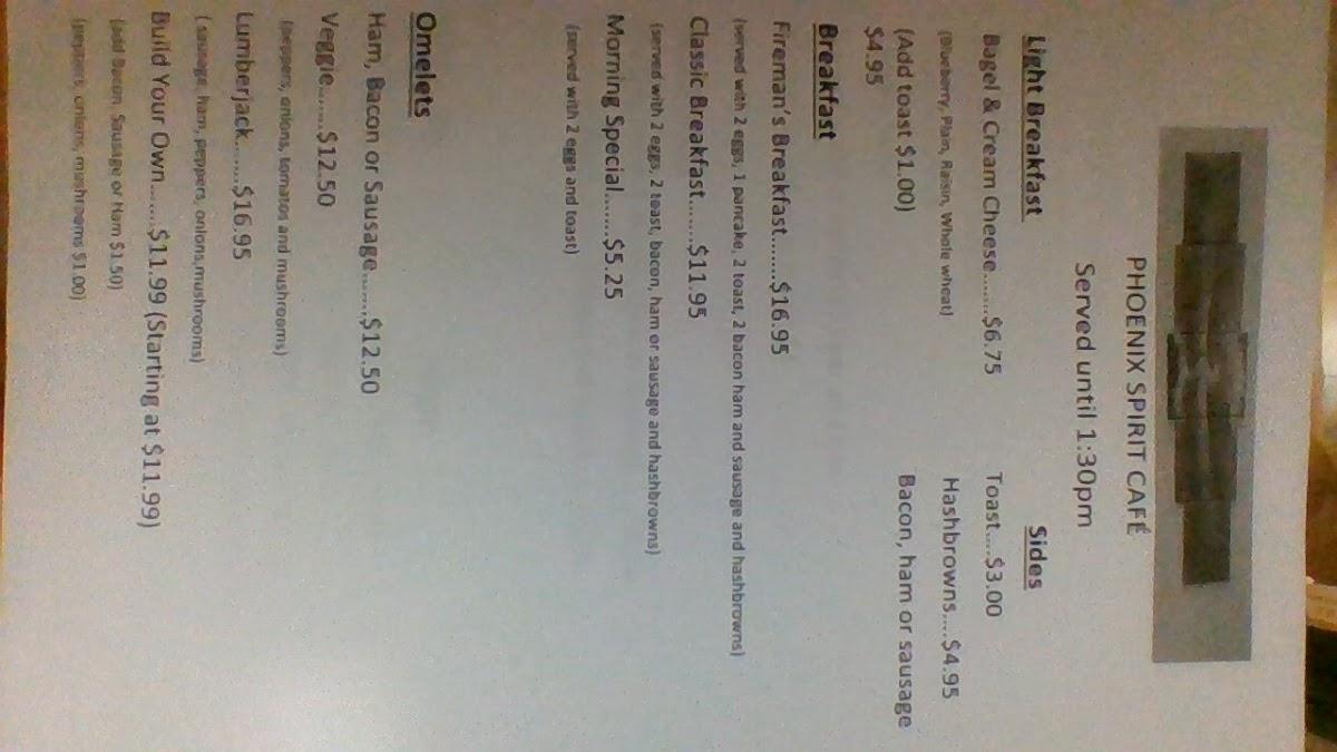 Menu at Phoenix Spirit Cafe, Bella Coola