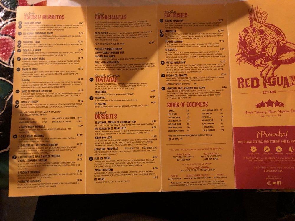 Menu at Red Iguana restaurant, Salt Lake City, 736 W North Temple St