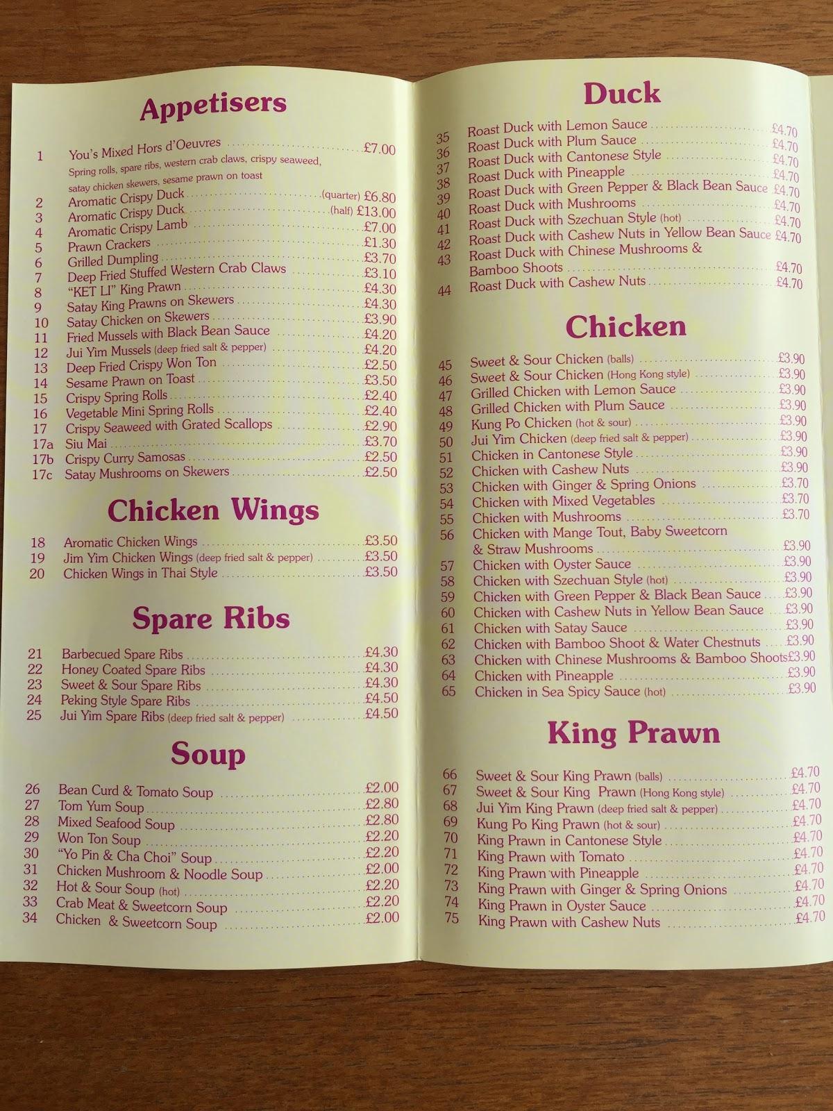 Menu at You's Restaurant, Saint Leonards