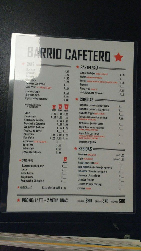 Menu at Barrio Cafetero, Buenos Aires, Florida 833