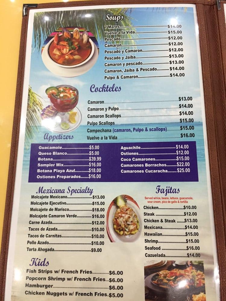 Menu at Mariscos Playa Azul restaurant, Springdale
