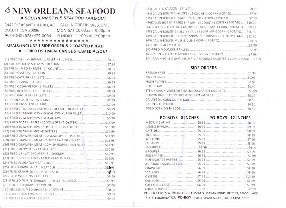 Menu at New Orleans Seafood restaurant, Duluth