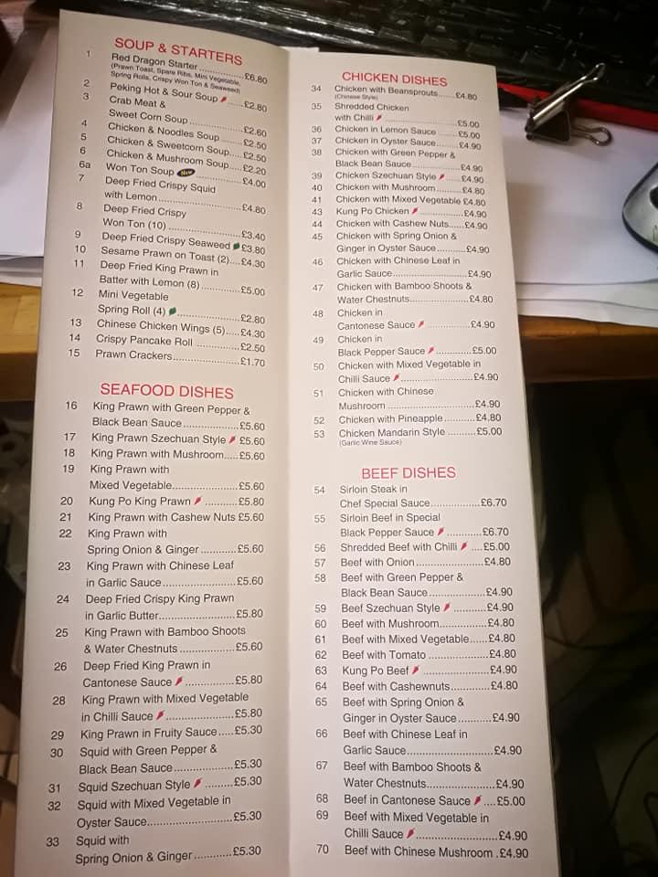 Menu at Red Dragon fast food, Portsmouth
