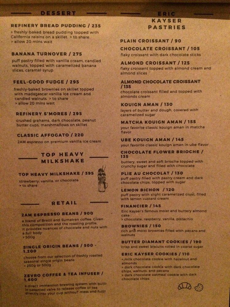 Menu at Refinery cafe, Makati, Joya Tower