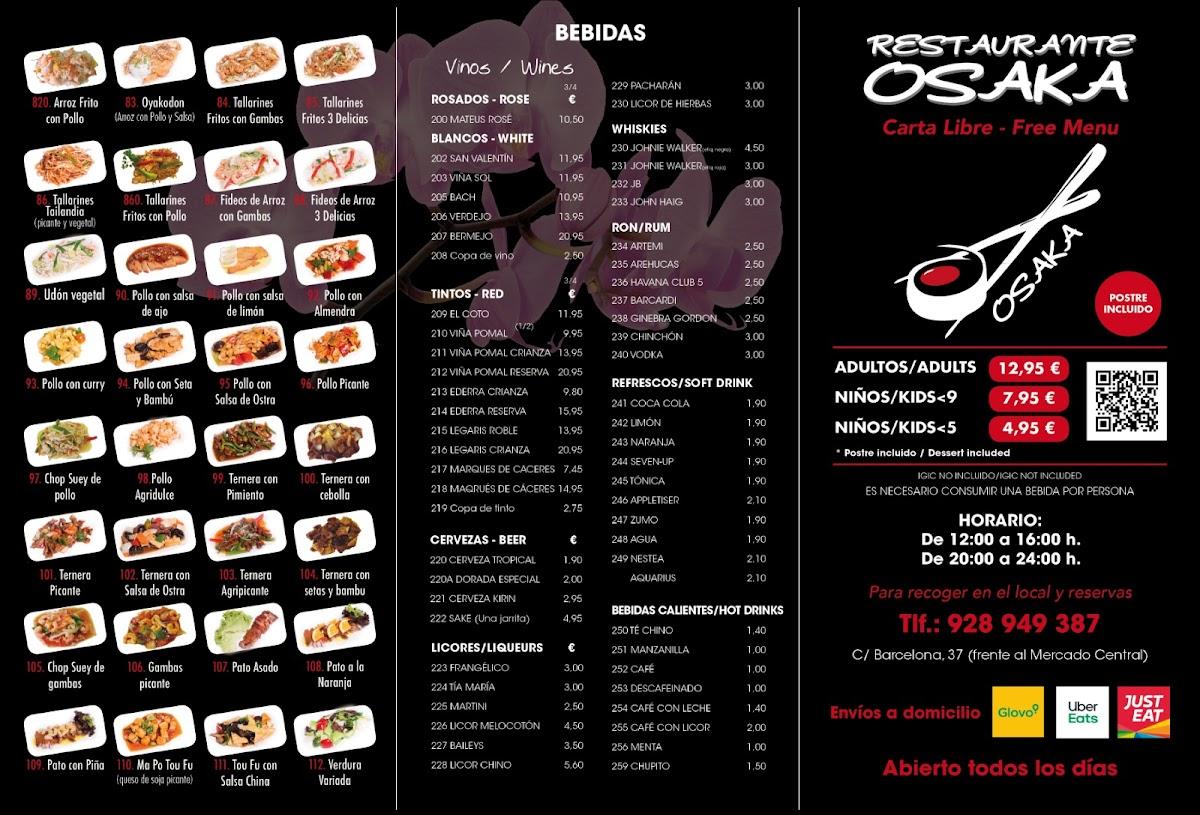 Carta de Restaurante Japonés Osaka, Las Palmas de Gran Canaria