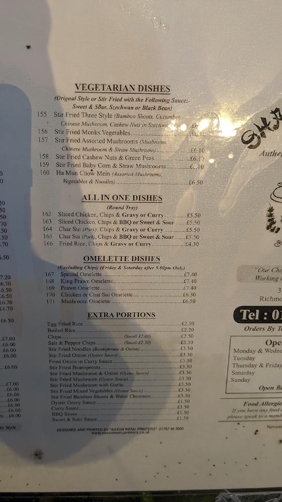 Menu at Shanghai City fast food, Richmond