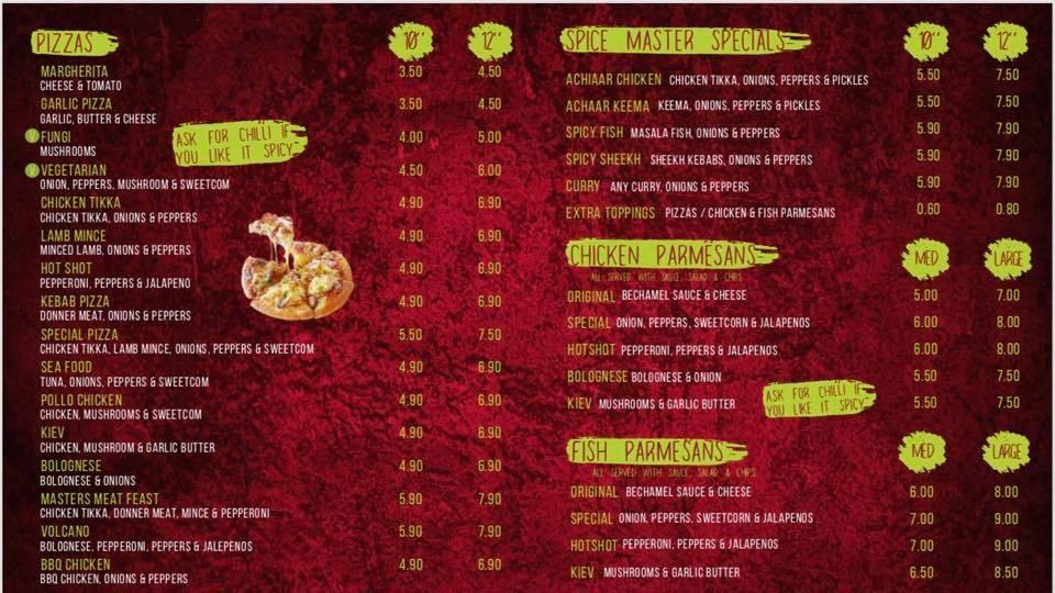 Menu at Spice Master fast food, Newcastle upon Tyne, 6 West Rd