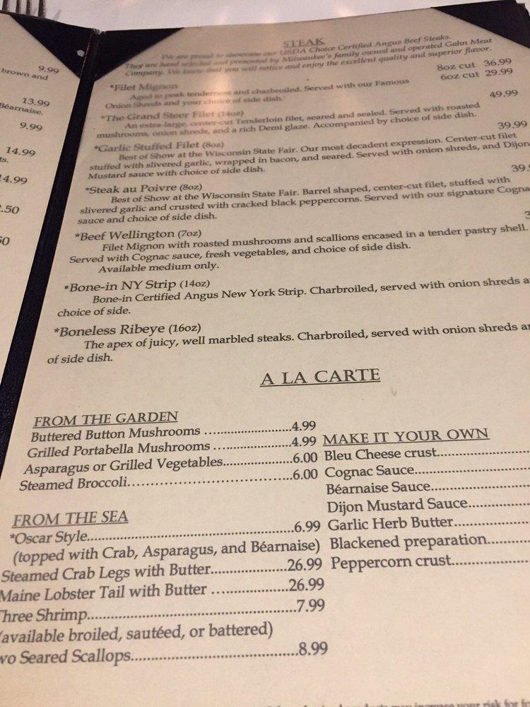 Menu at The Packing House steakhouse, Milwaukee