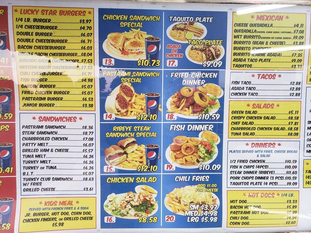 Menu at Lucky Star Burgers fast food, Baldwin Park, Ramona Blvd