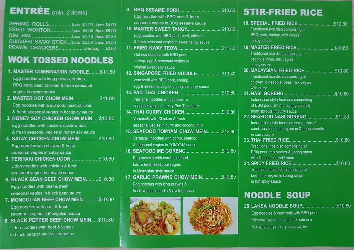 Menu at Master Noodle restaurant, Kedron