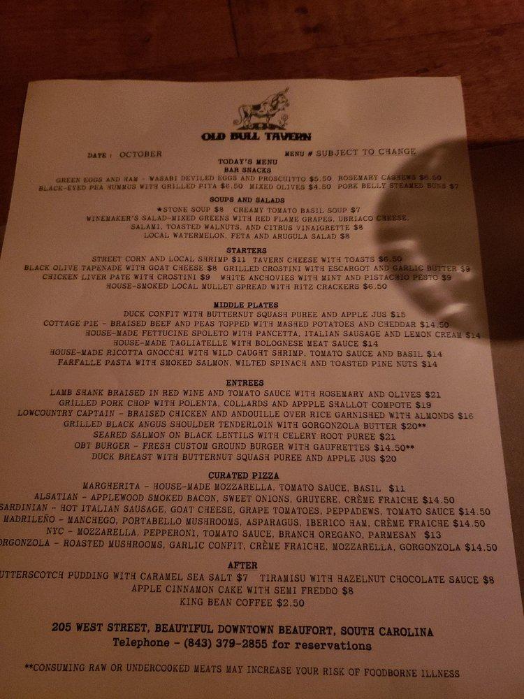 Carta del pub y bar Old Bull Tavern, Beaufort