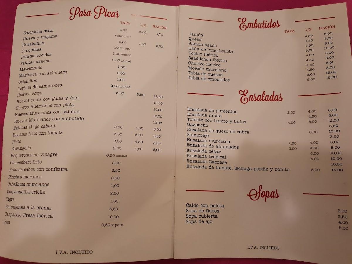 Carta del pub y bar Los Navarros, Murcia