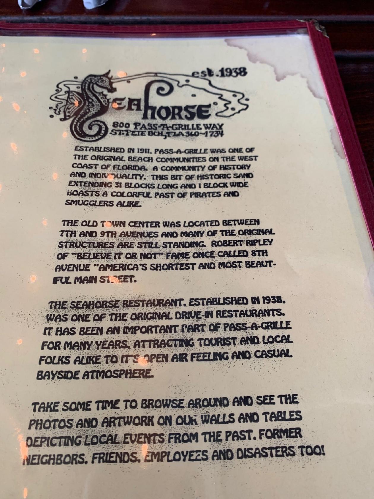 Menu at Seahorse Restaurant, Saint Pete Beach