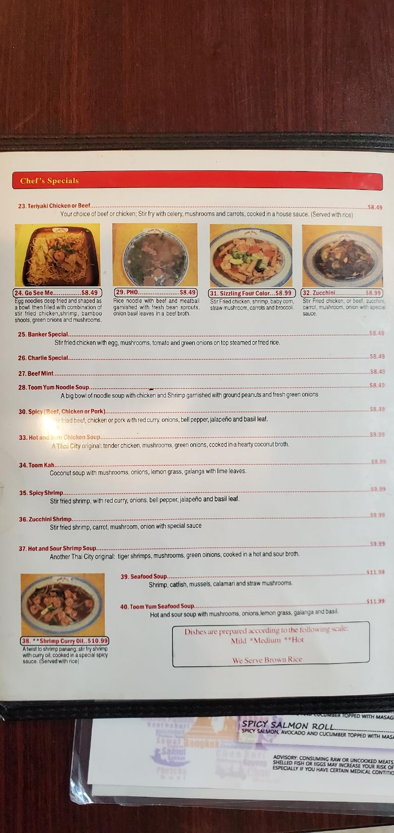 Menu at Thai City restaurant, Portales