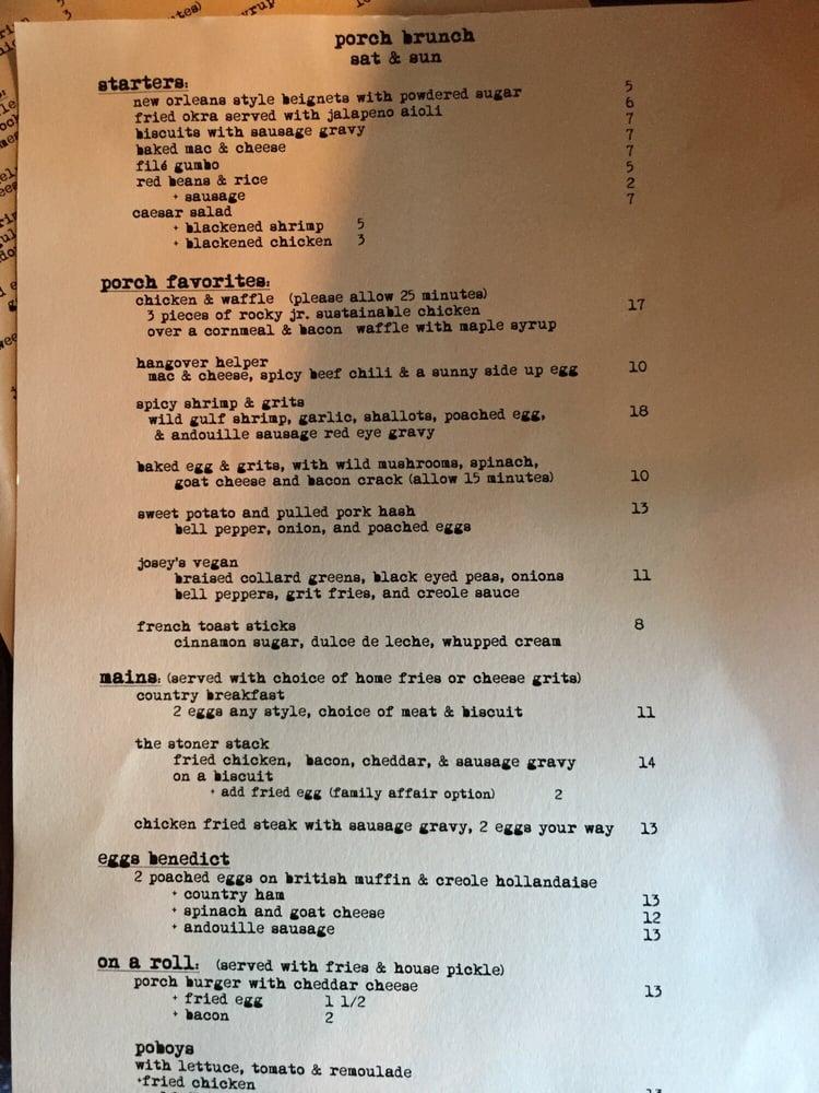 Menu at The Front Porch restaurant, San Francisco