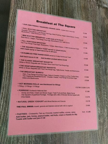 Menu at The Square cafe, Edinburgh
