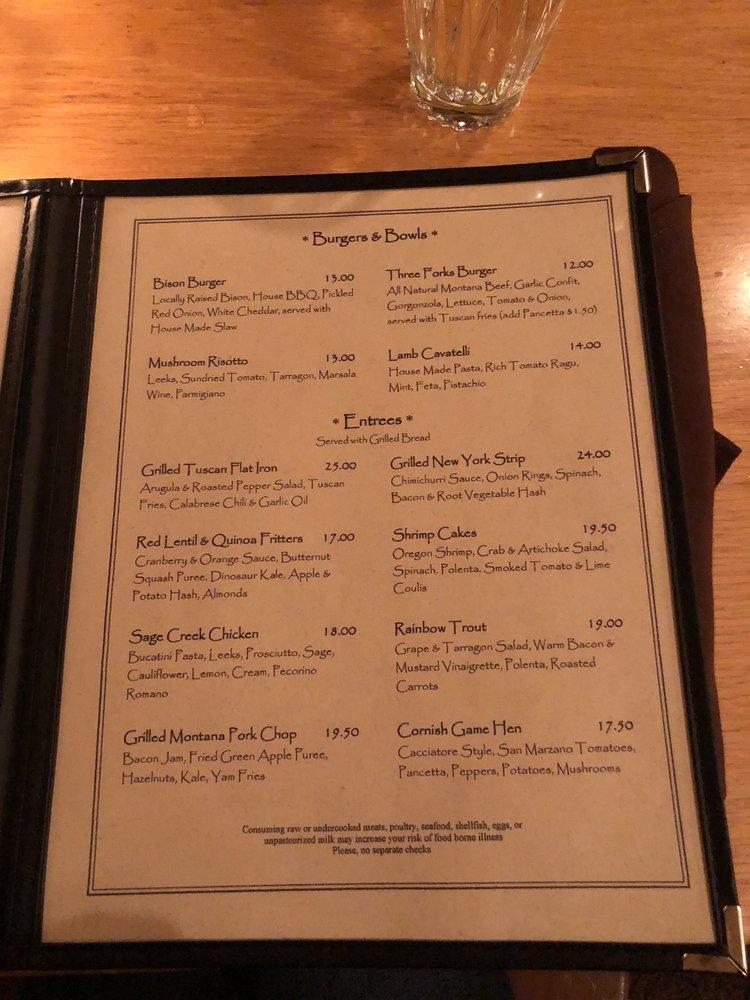Menu at Three Forks Grille restaurant, Columbia Falls