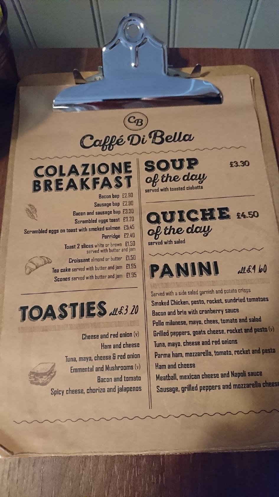 Menu at Caffé Di Bella cafe, South Shields