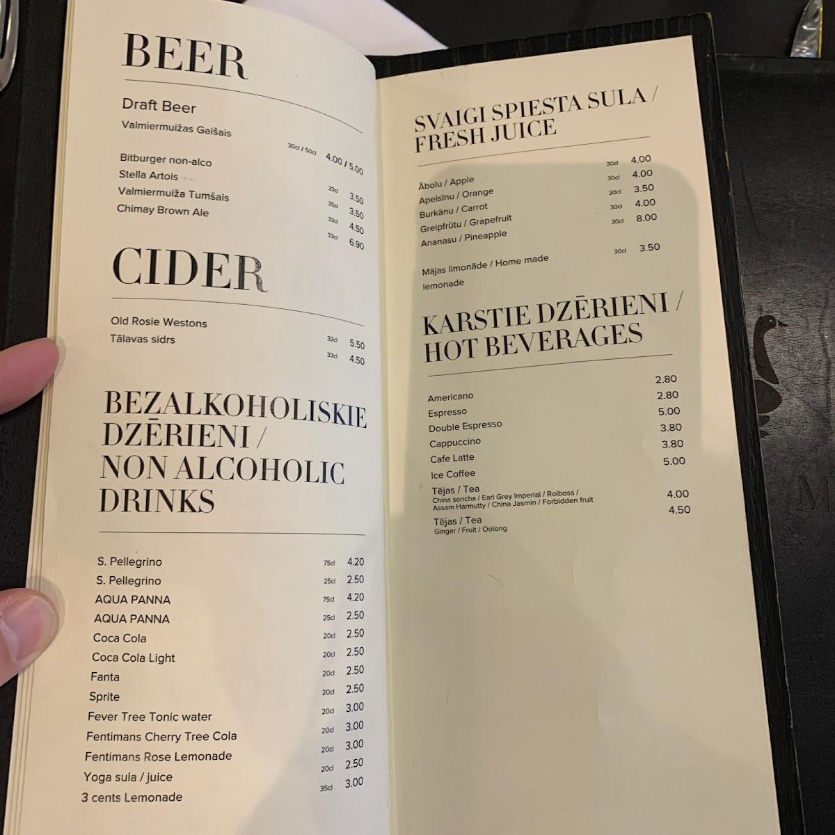 Menu at FERMA restaurant, Riga