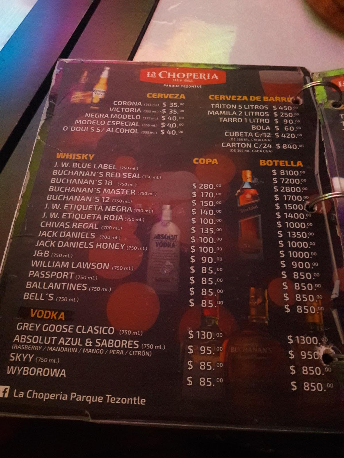 Carta del pub y bar La Choperia, Ciudad del México, Encomenderos n 70