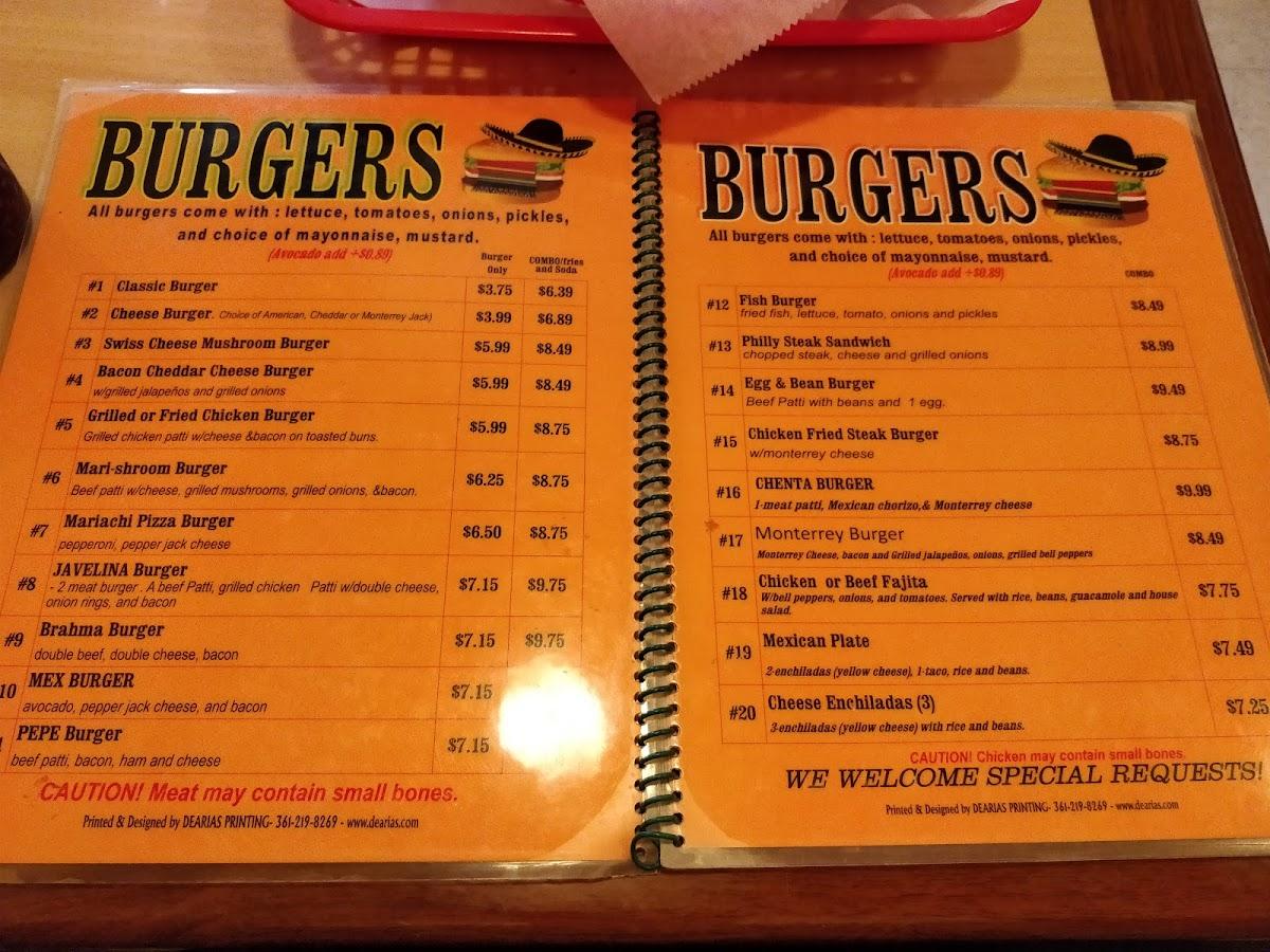 Menu at Mariachis Burger House restaurant, Kingsville