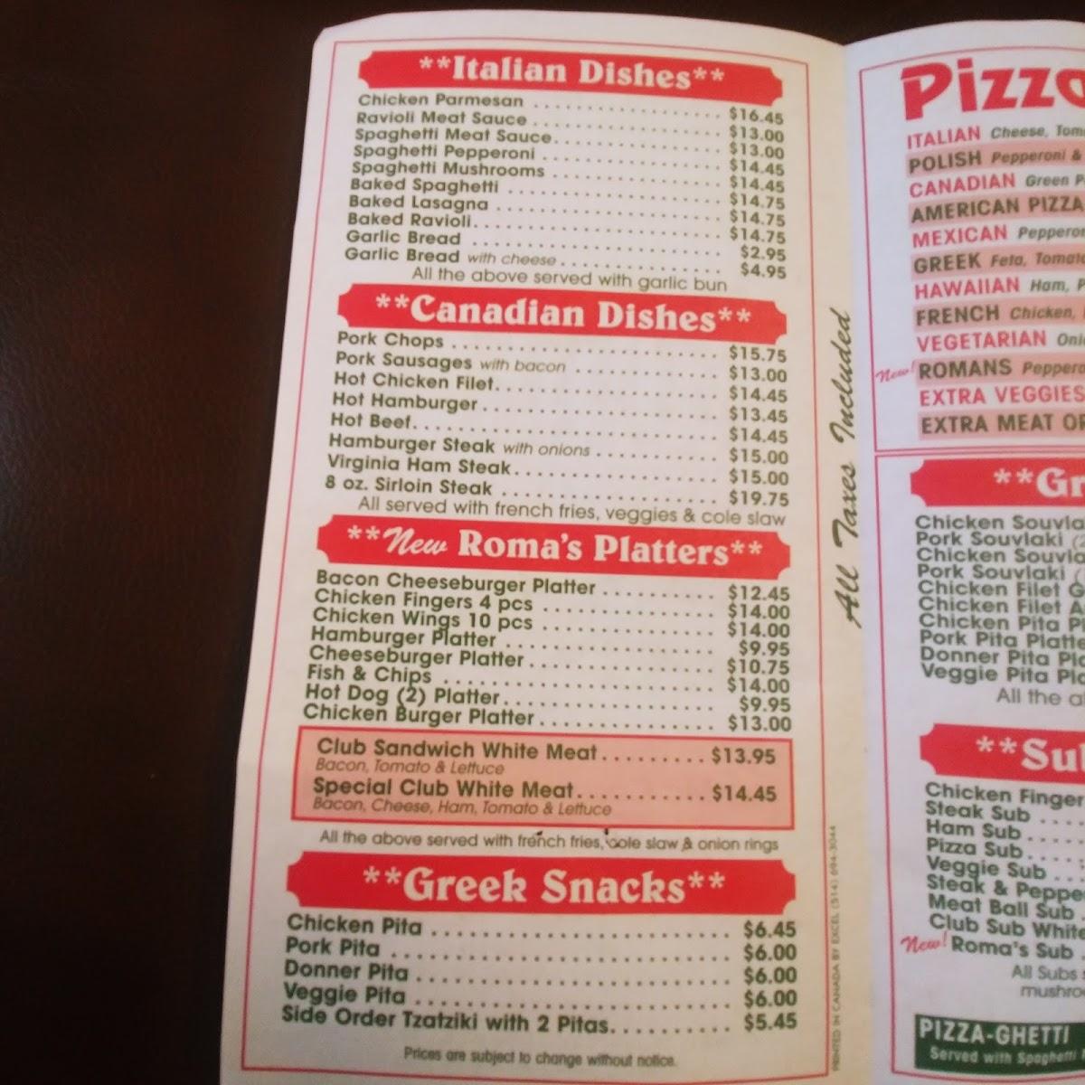 Menu at New Roma's Restaurant, Cornwall