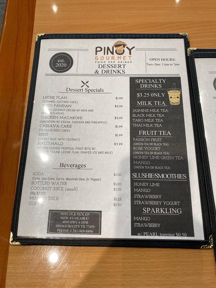 Menu at Pinoy Gourmet restaurant, Missouri City
