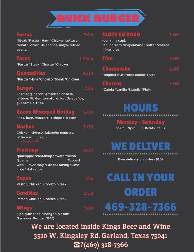 Menu at Quick Burger restaurant, Garland