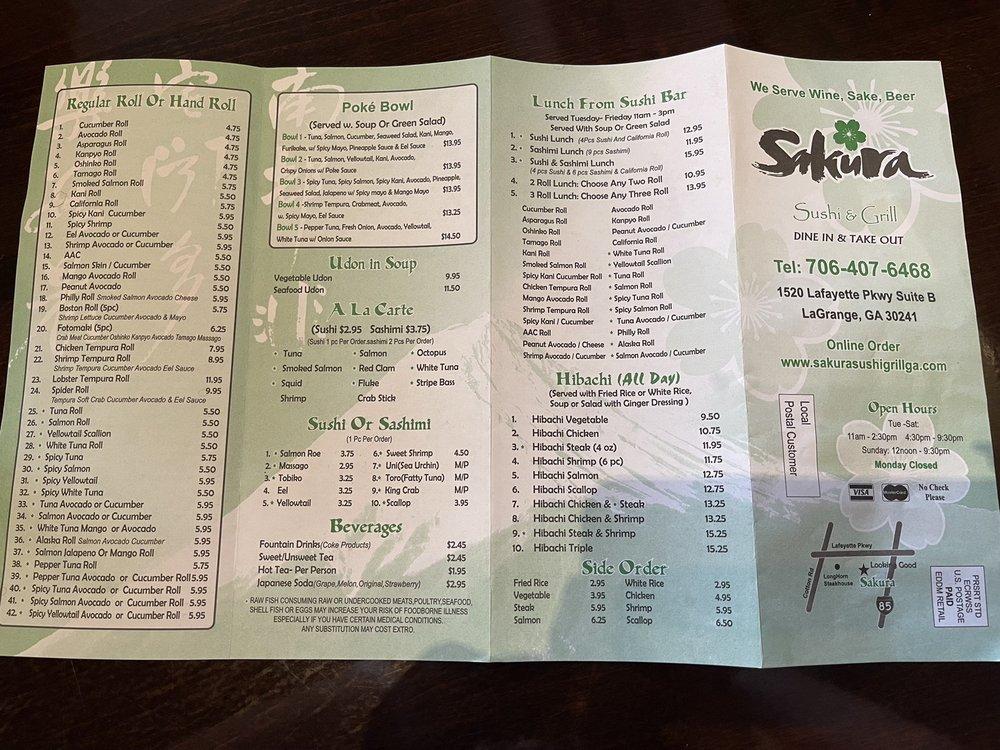 Menu at Sakura Sushi & Grill restaurant, LaGrange