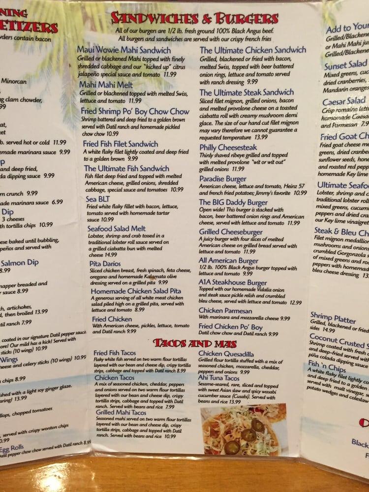 Menu at Sunset Grille pub & bar, St. Augustine, 421 A1A Beach Blvd