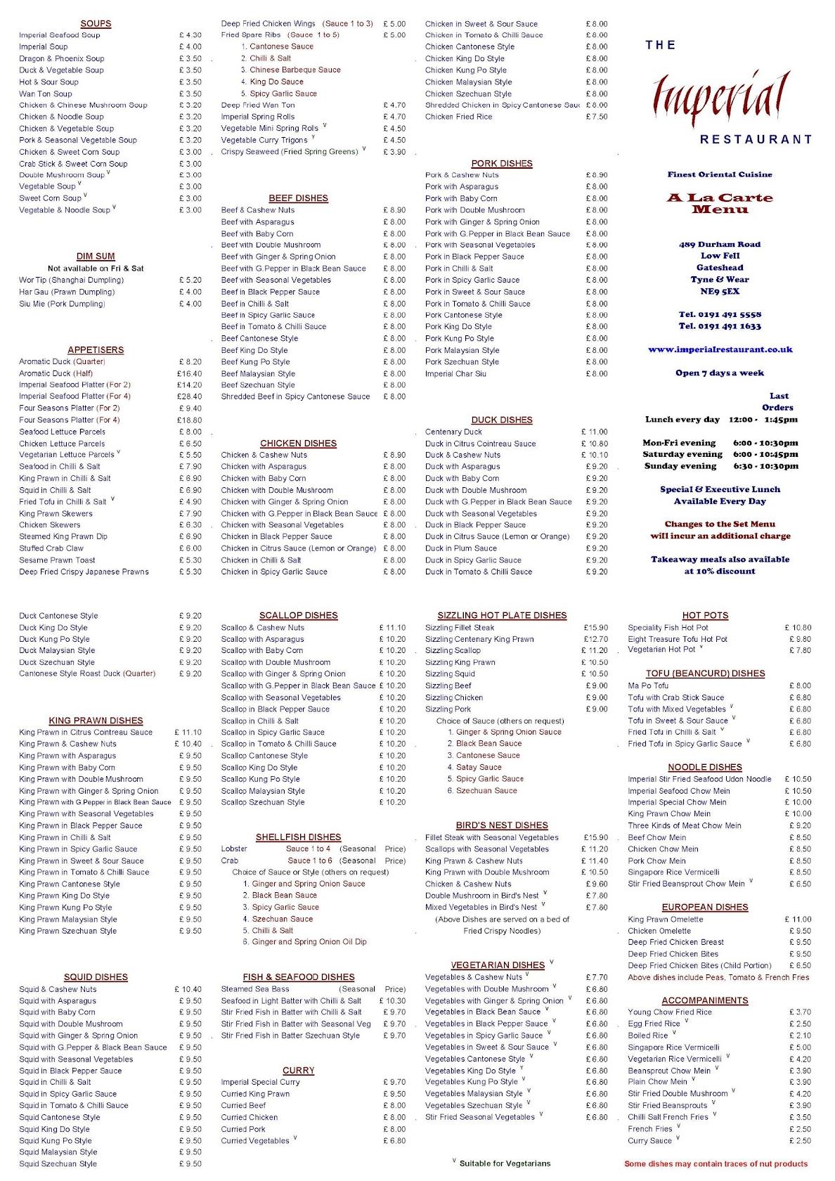 Menu at The Imperial Restaurant, Gateshead, 489 Durham Rd