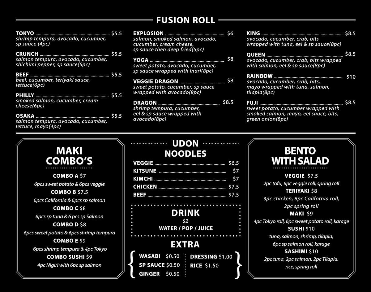 Menu at Tokyo Roll restaurant, Halifax