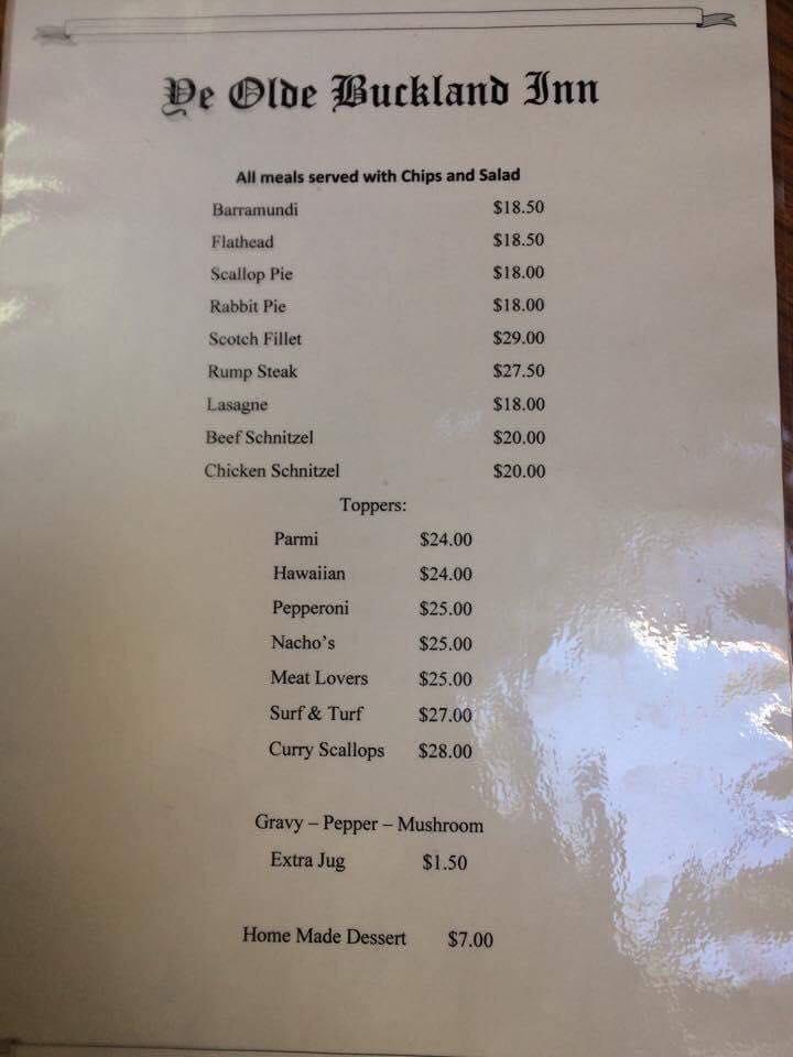 Menu at Buckland Inn restaurant, Buckland