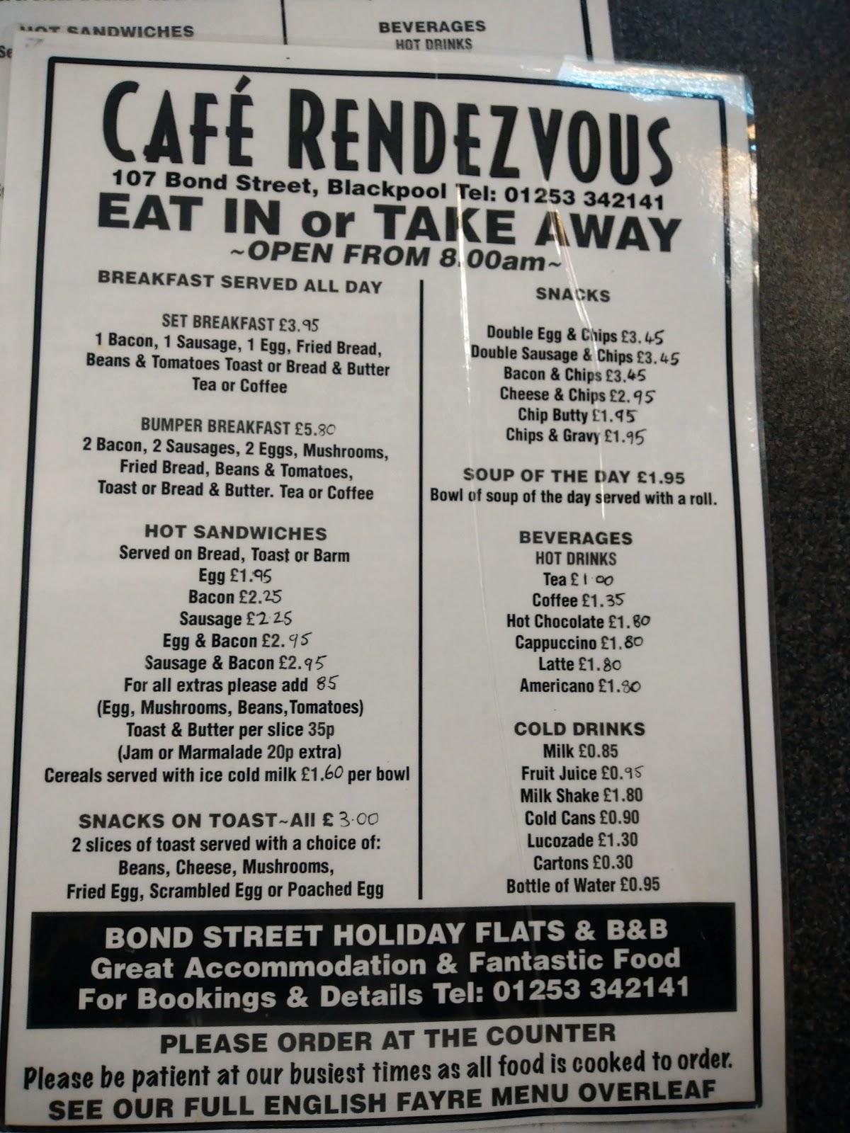 Menu at CAFÉ RENDEZVOUS cafe, Blackpool
