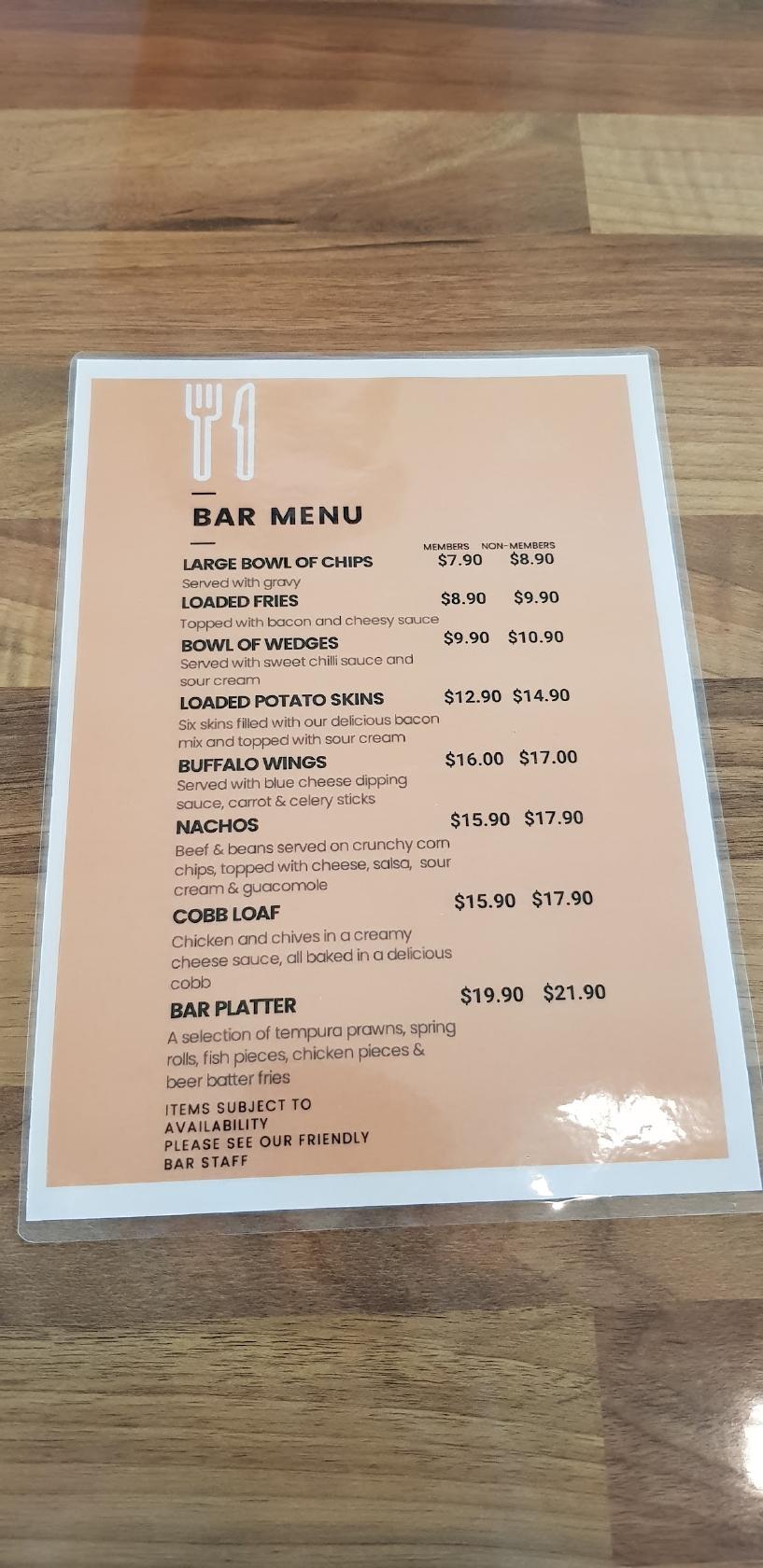 Menu at Club Glenvale, Glenvale
