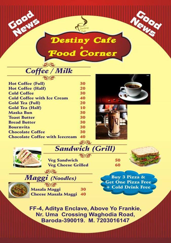 Menu at Destiny Cafe, Vadodara