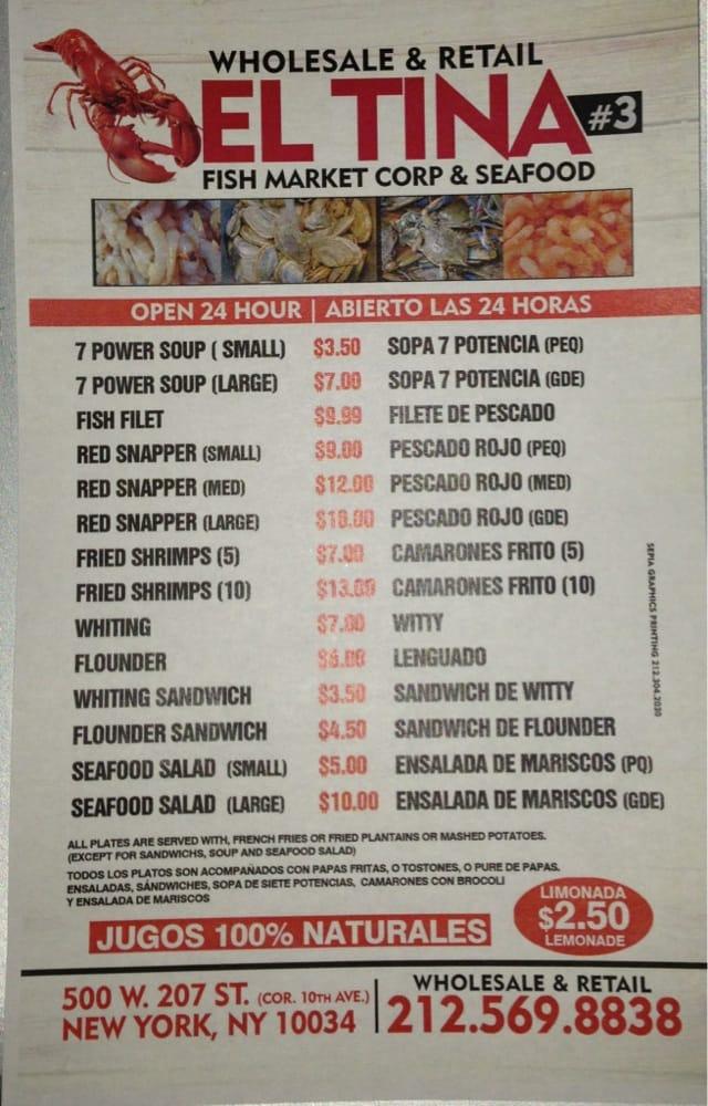 Menu at El Tina Fish Market restaurant, New York City