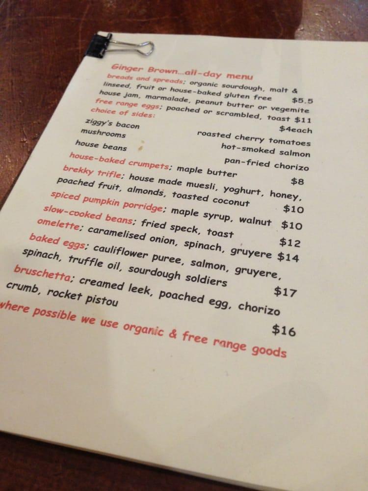 Menu at Ginger Brown fast food, South Hobart