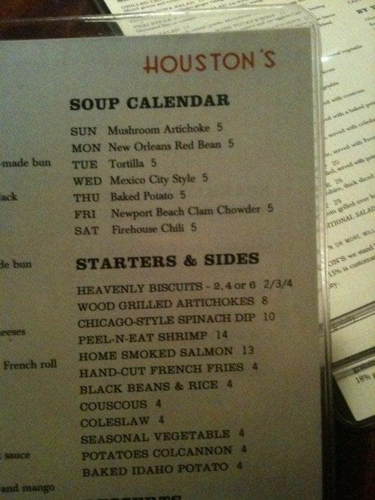 Menu at Houston's steakhouse, Memphis
