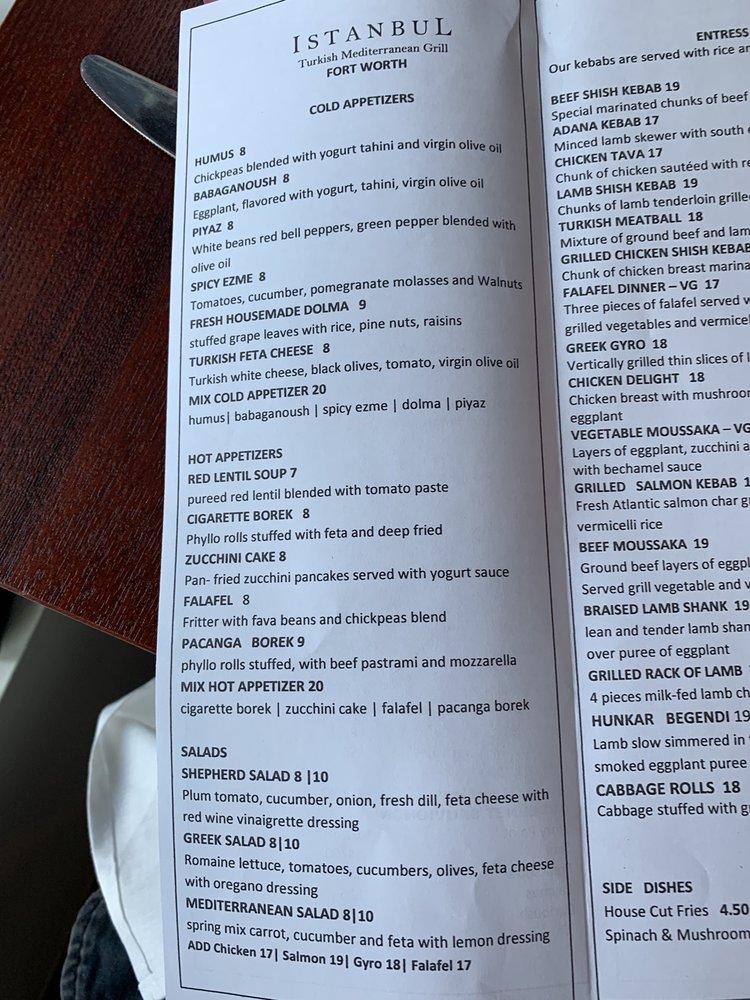 Menu at Istanbul grill & bar, Fort Worth