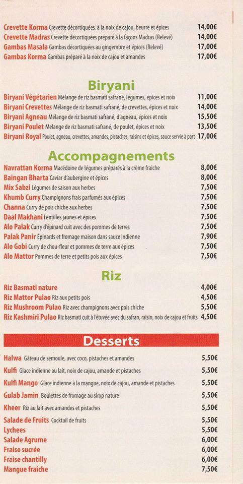 Menu at Royal Raj Mahal restaurant, Paris, 41 Rue Dauphine