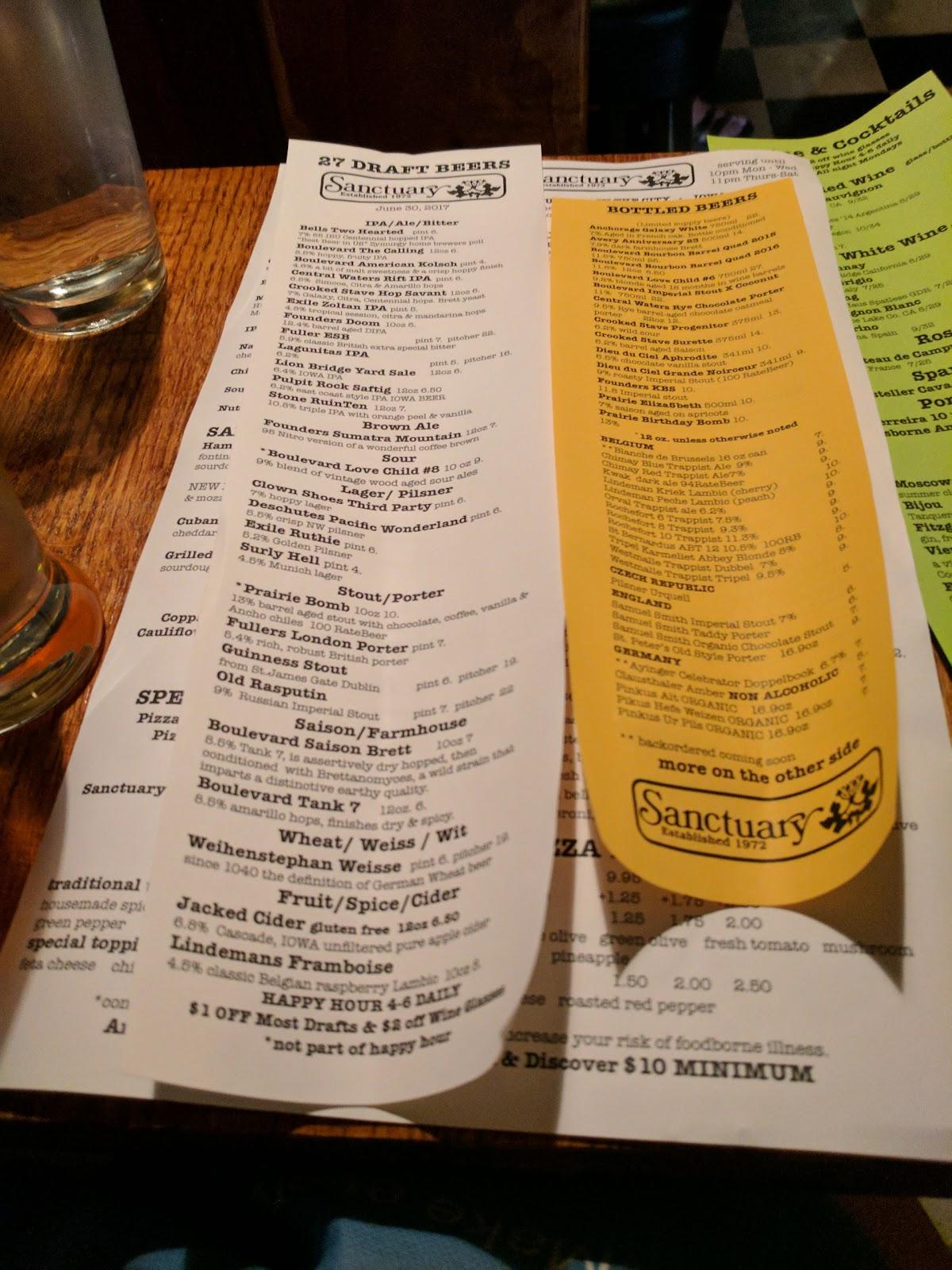 Menu at Sanctuary pub & bar, Iowa City