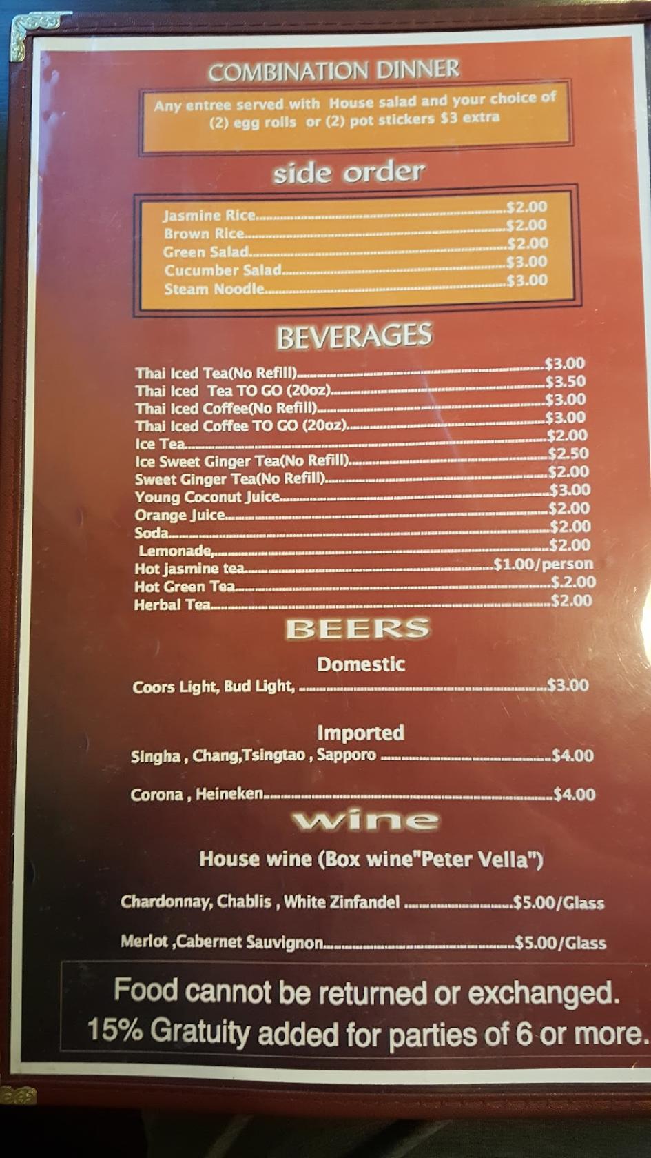 Menu at Thai Garden restaurant, Central Point