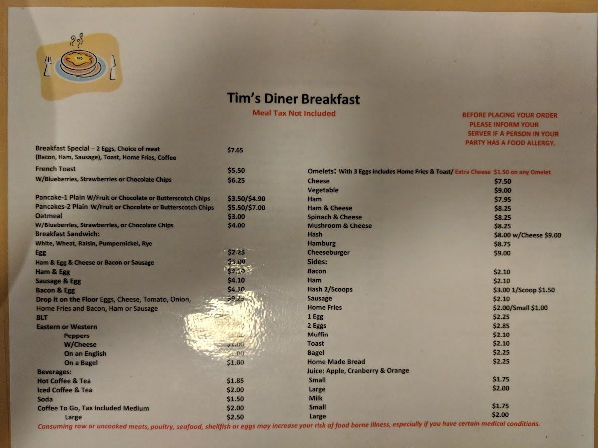 Menu at Tim's Diner, Leominster