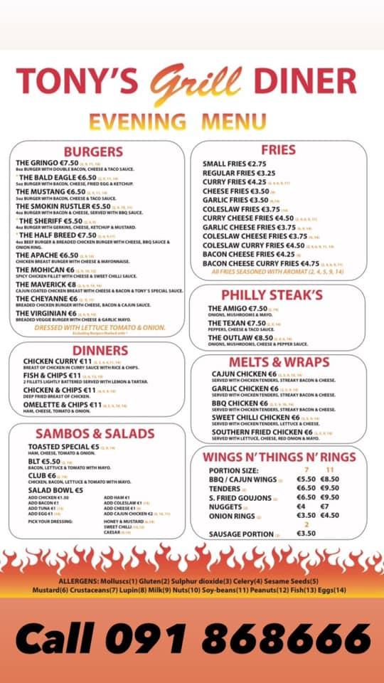 Menu at Tony's Grill Diner restaurant, Moycullen
