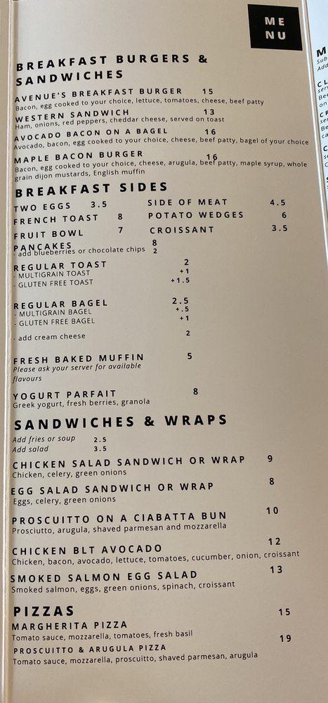 Menu at Avenue Eatery & Cafe, Fort McMurray