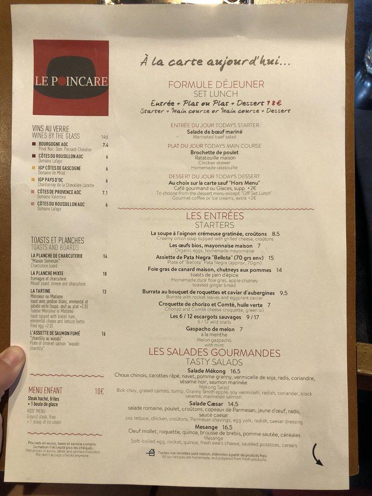 Menu at Bistrot Poincaré pub & bar, Paris, angle du 22
