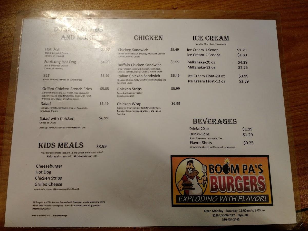 Menu at Boompa's Burgers fast food, Elgin